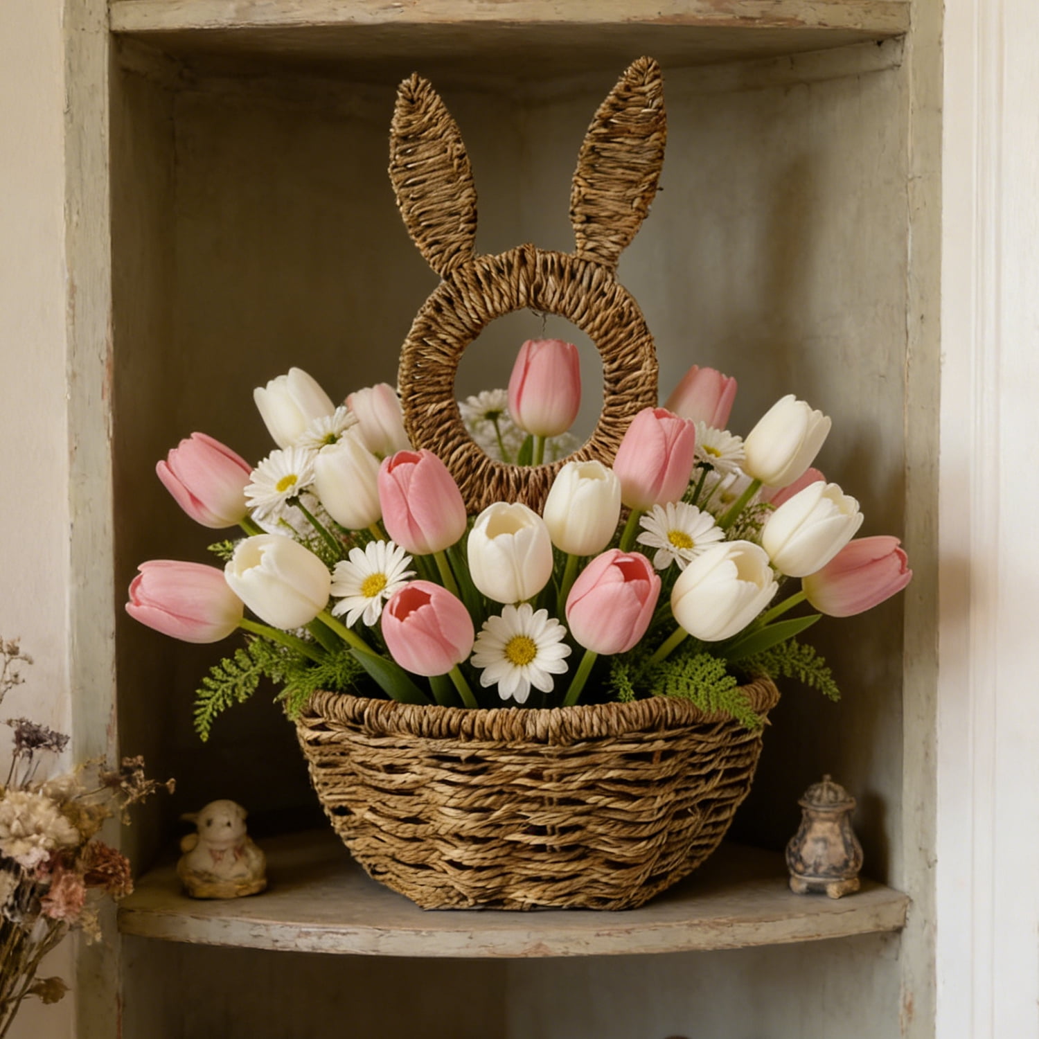 Tupukom Spring Decor Easter Bunny Wicker Basket Door Decoration Rabbit ...