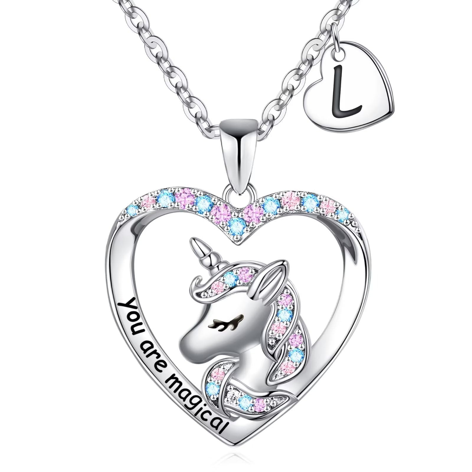 Turandoss Heart Unicorn Initial Necklace for Girls 14K White Plated ...
