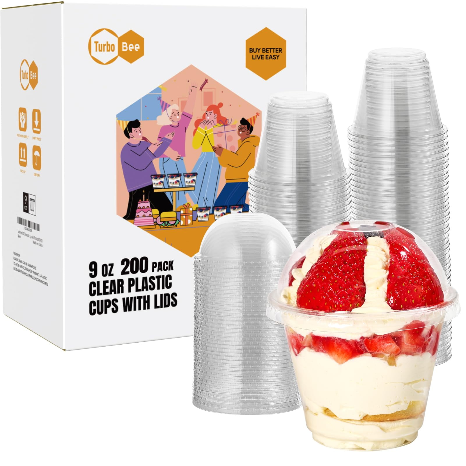 Turbo Bee 200 Pack BDF32 9 OZ Clear Plastic Cups with Dome Lids ...