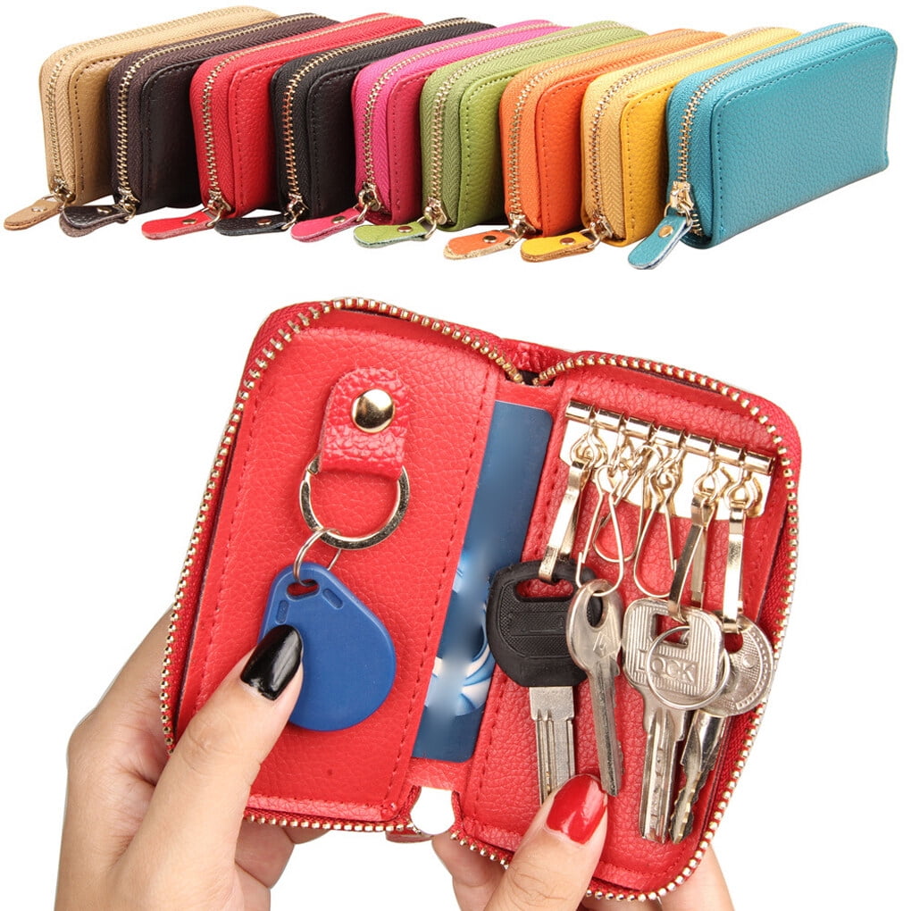 TureClos Leather Key Case Card Holder Zipper Solid Color Purse Wallet ...