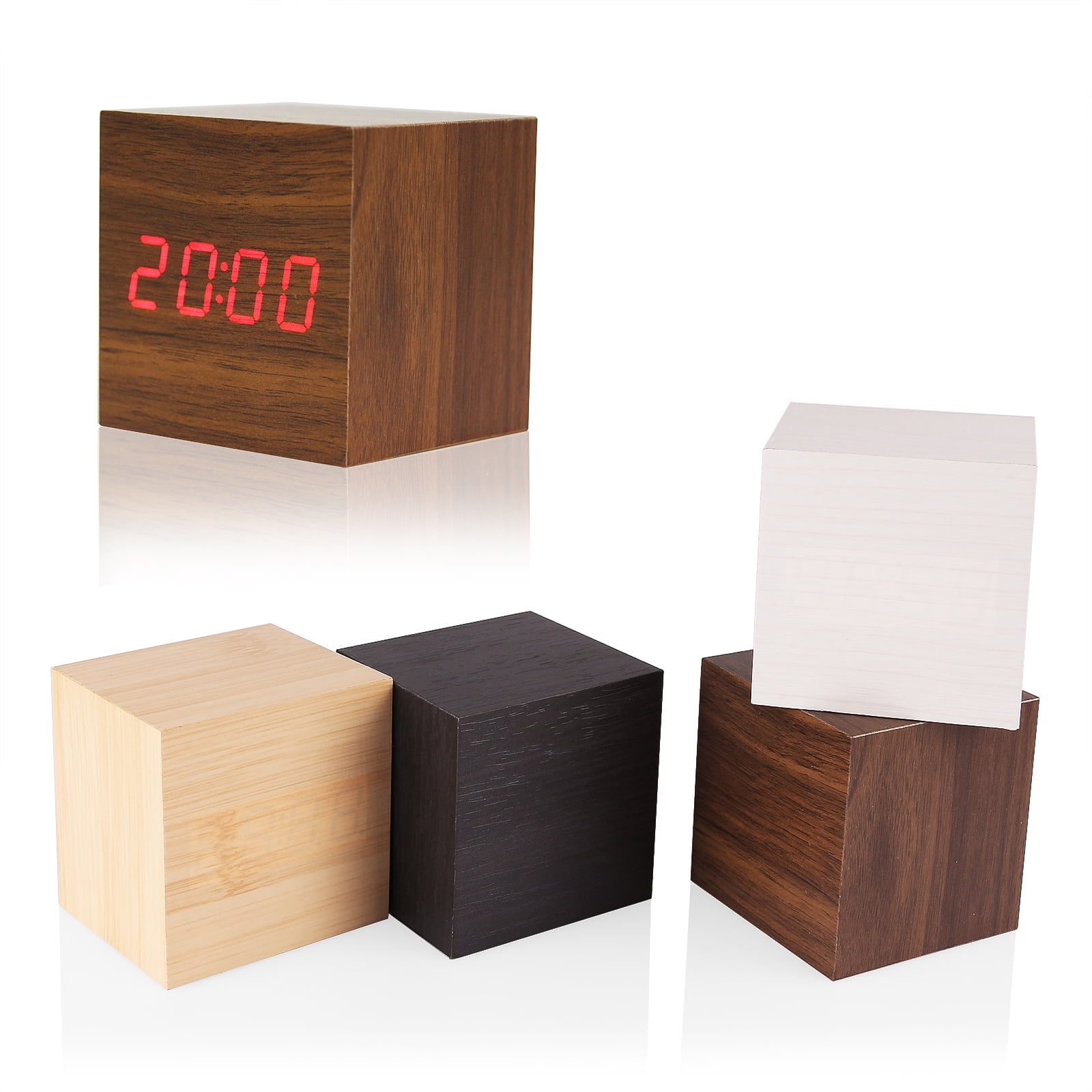 TureClos Modern Wooden Cube Design Digital LED Desk Alarm Clock Voice ...