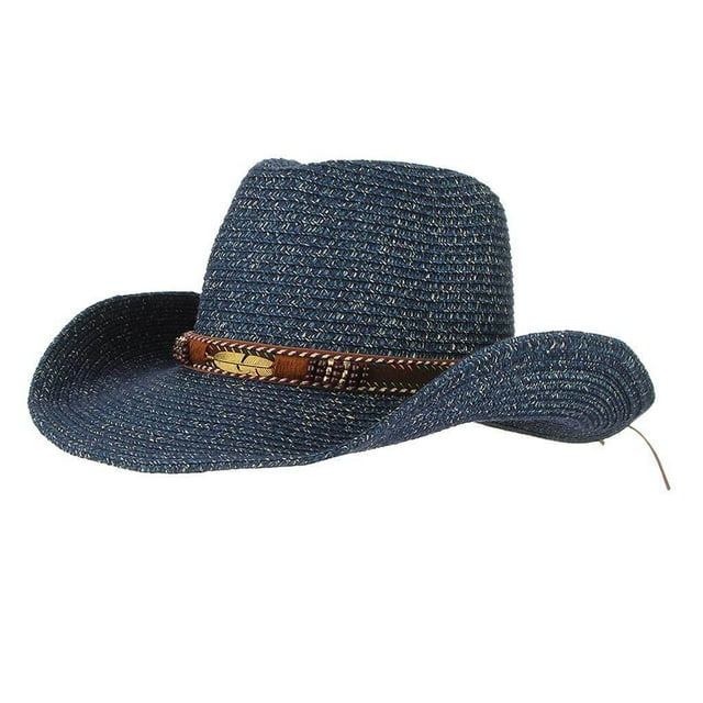 TureClos Unisex Western Style Straw Cowboy Cowgirl Hat Wide Brim Sun ...