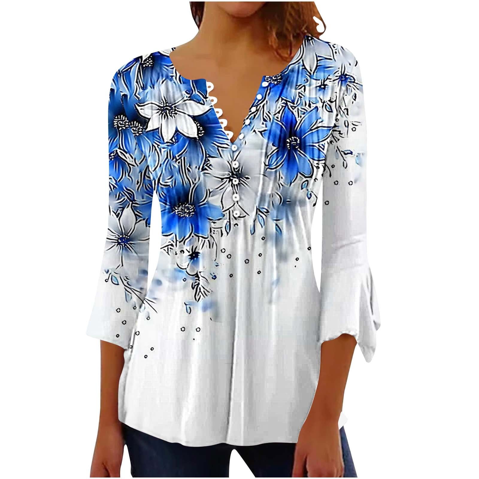 Turilly Pleated Tops for Women 3/4 Sleeve Blouse Women's V-Neck Lace ...