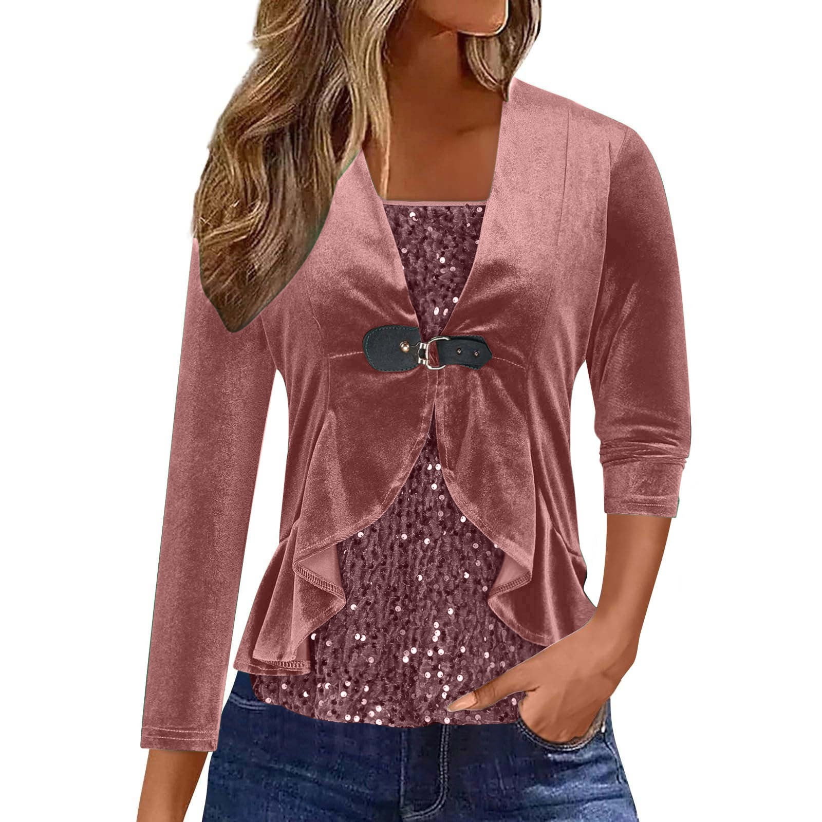 Turilly Sequin Tops for Women Ruffle Hem Spakly Dressy Tops V-Neck Long ...