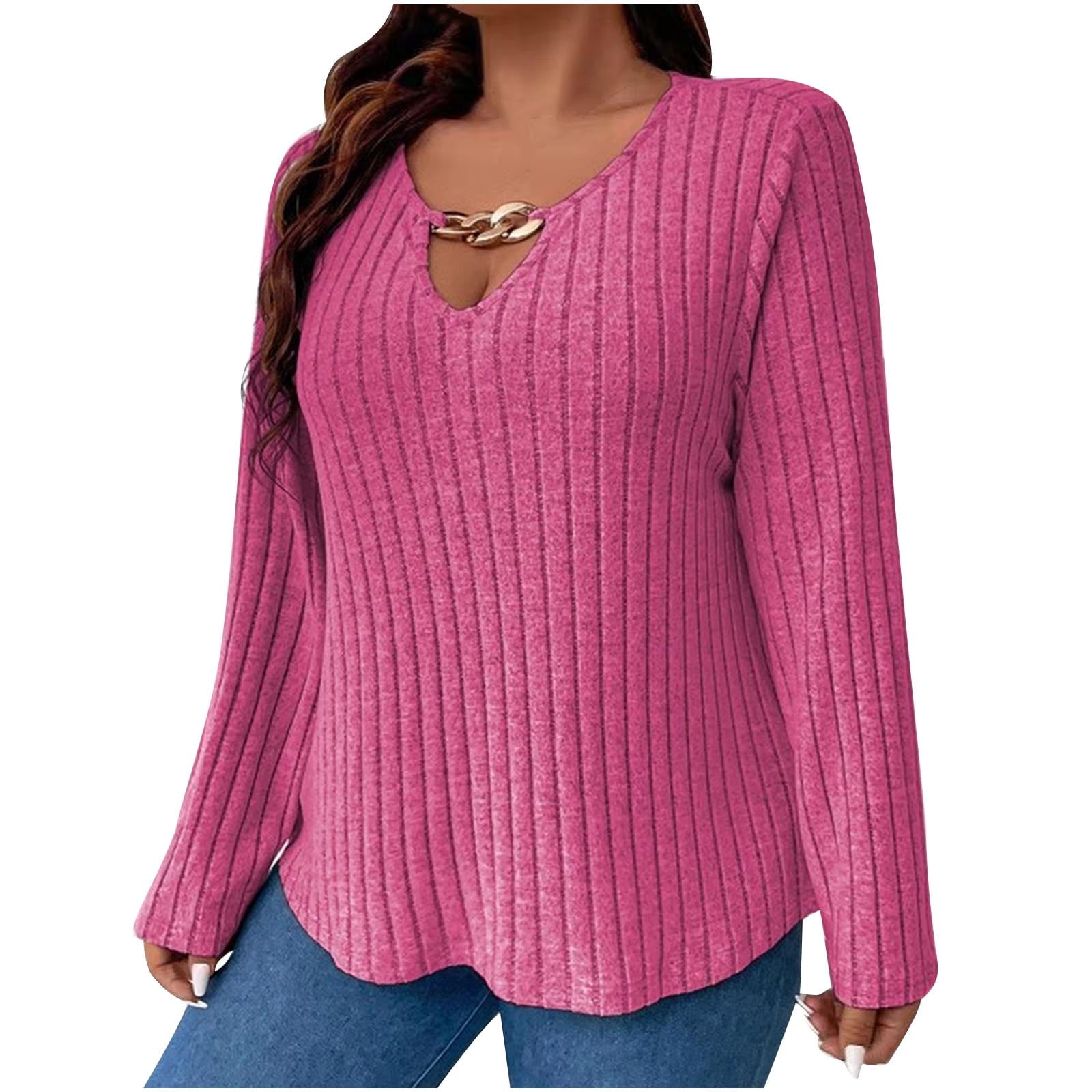 Turilly Women Solid Color Plus Size Fall And Winter Long Sleeve V-Neck ...