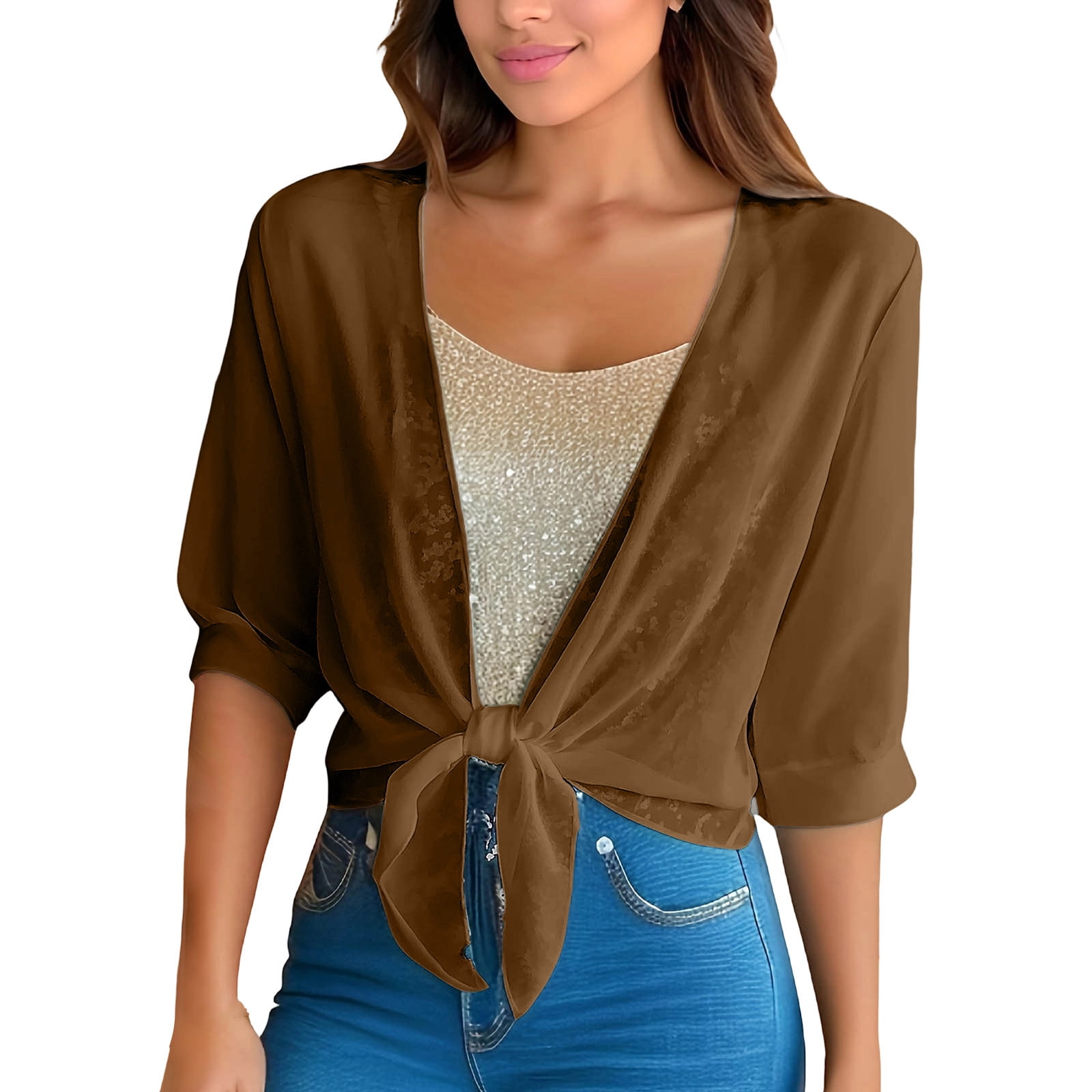 Turilly Women V-Neck Cardigan Solid Color Half Sleeve Short Length With ...