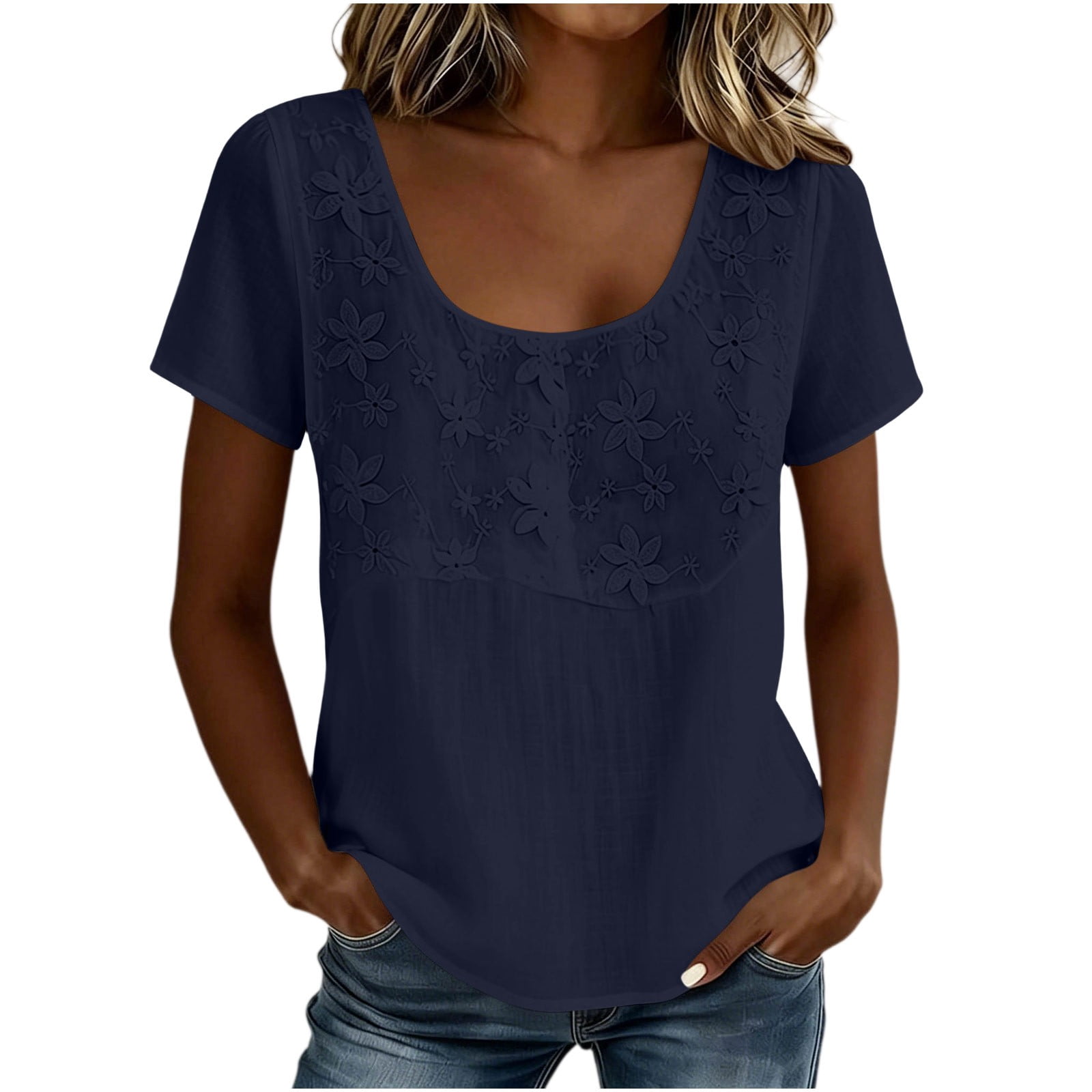 Turilly Women's Floral Embroidered U-Neck Top Casual Short Sleeve Solid ...