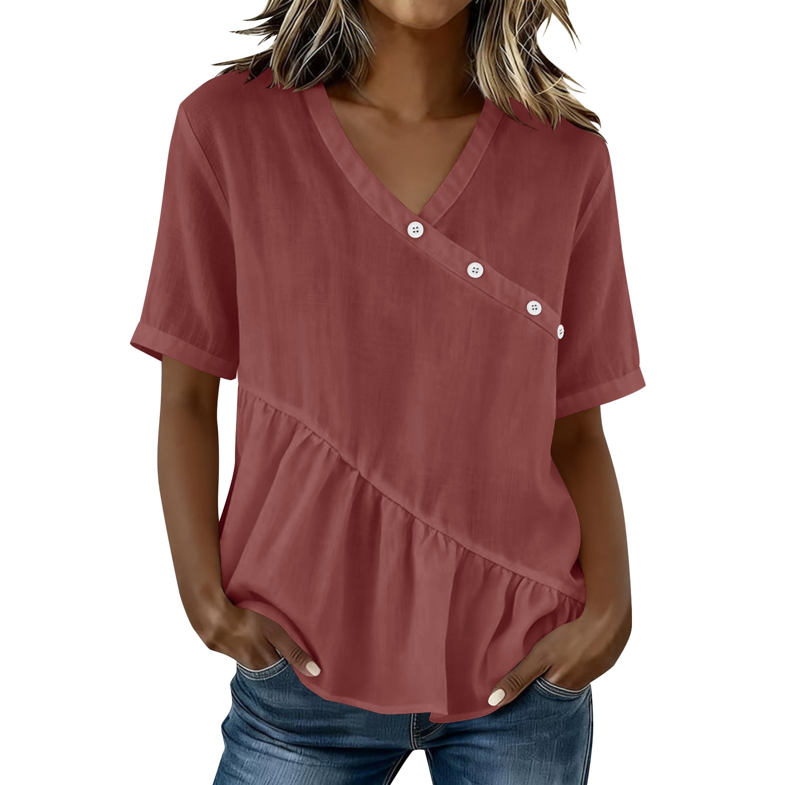 Turilly Women's Ruffle Hem Casual Tops with Decorative Button Fashion ...