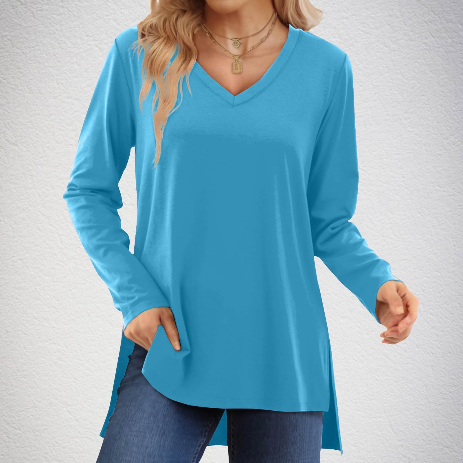 Turilly Womens Casual V-Neck Shirts Basic Side Split Tunic Solid Color Tops - Walmart.com