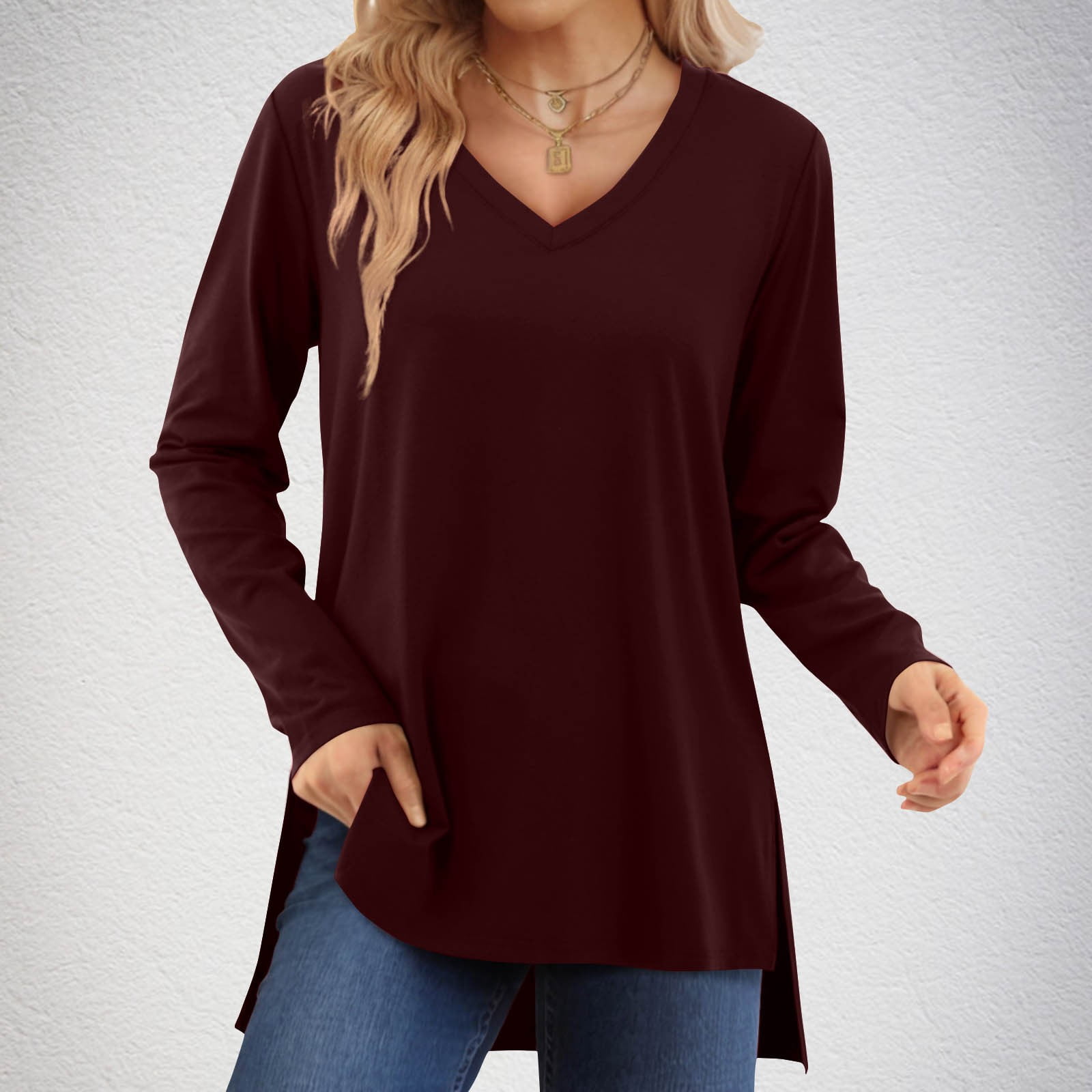 Turilly Womens Casual V-Neck Shirts Basic Side Split Tunic Solid Color ...