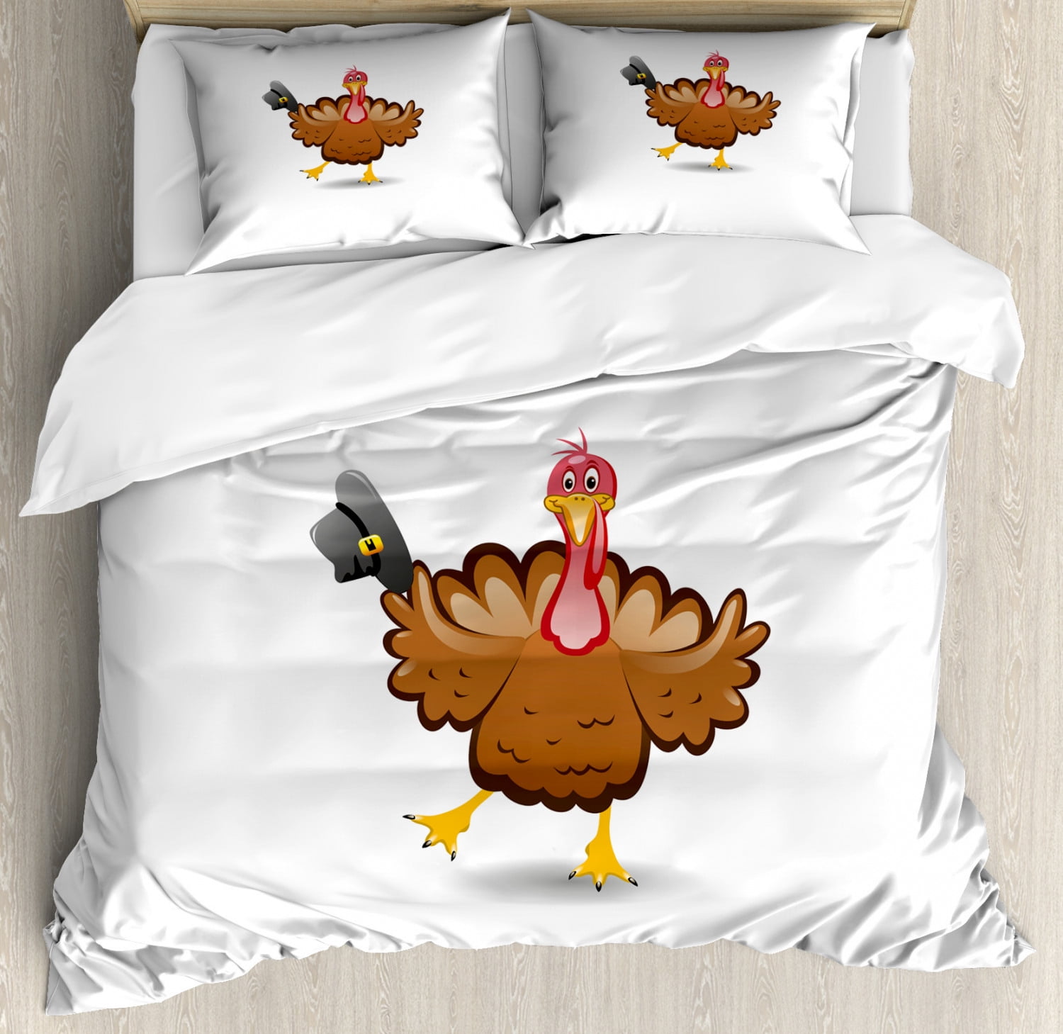 Turkey Duvet Cover Set King Size, Dancing Cartoon Animal with Pilgrims ...