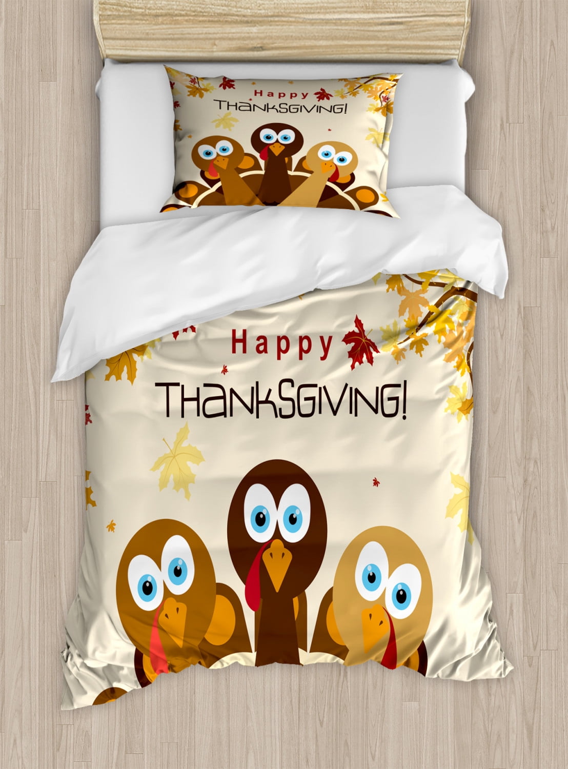 Turkey Duvet Cover Set Twin Size, Happy Thanksgiving with Falling ...