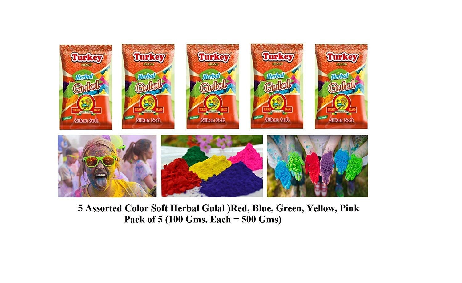 Turkey Herbal Holi Gulal Color Pack Of 5 X 100gm, 5 Shades - Red ...