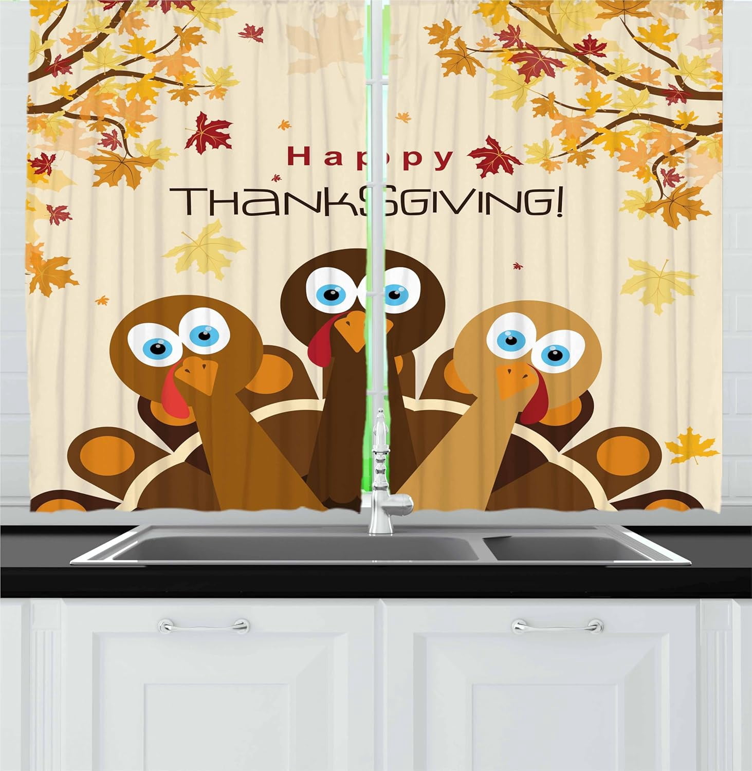 Turkey Kitchen Curtains, Happy Thanksgiving with Falling Leaves and ...