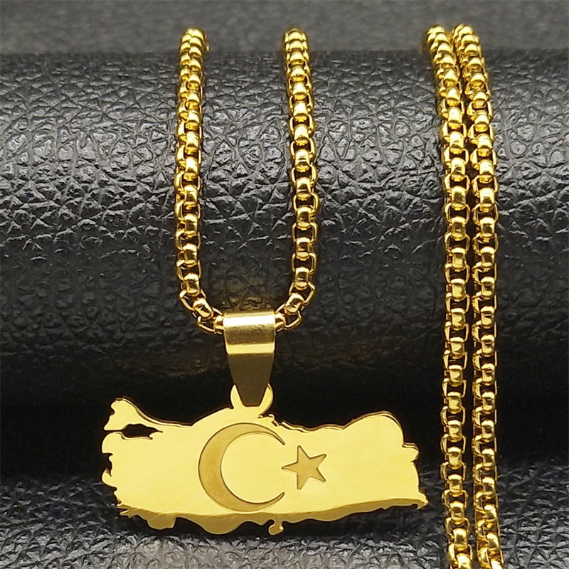 Turkey Map Flag Moon Star 14K Yellow Gold Necklace for Men Women Gold ...