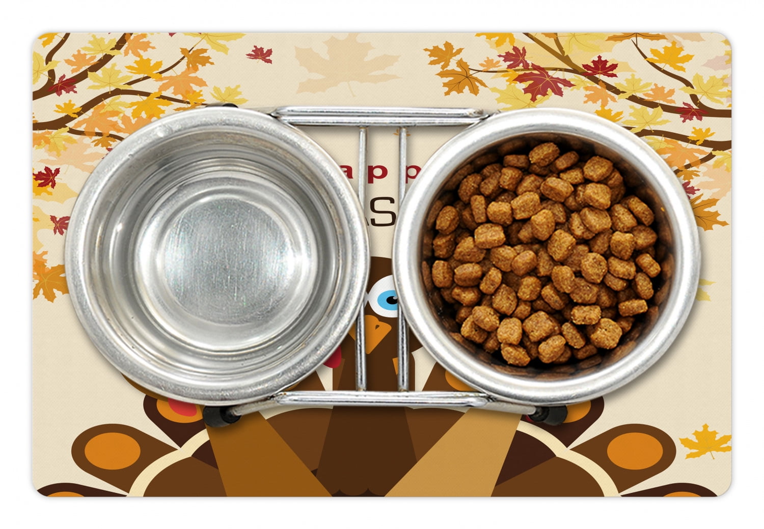 Turkey Pet Mat for Food and Water, Happy Thanksgiving Falling Leaves ...