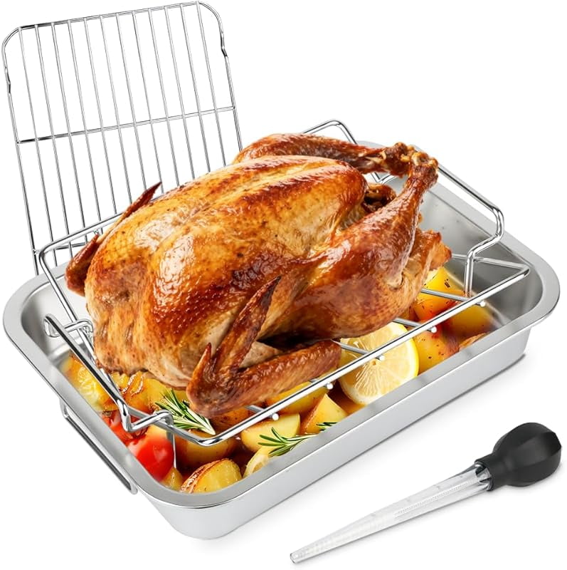 Turkey Roaster Roasting Rack with Pan, 15.6*11.6*2.8 inch Stainless ...