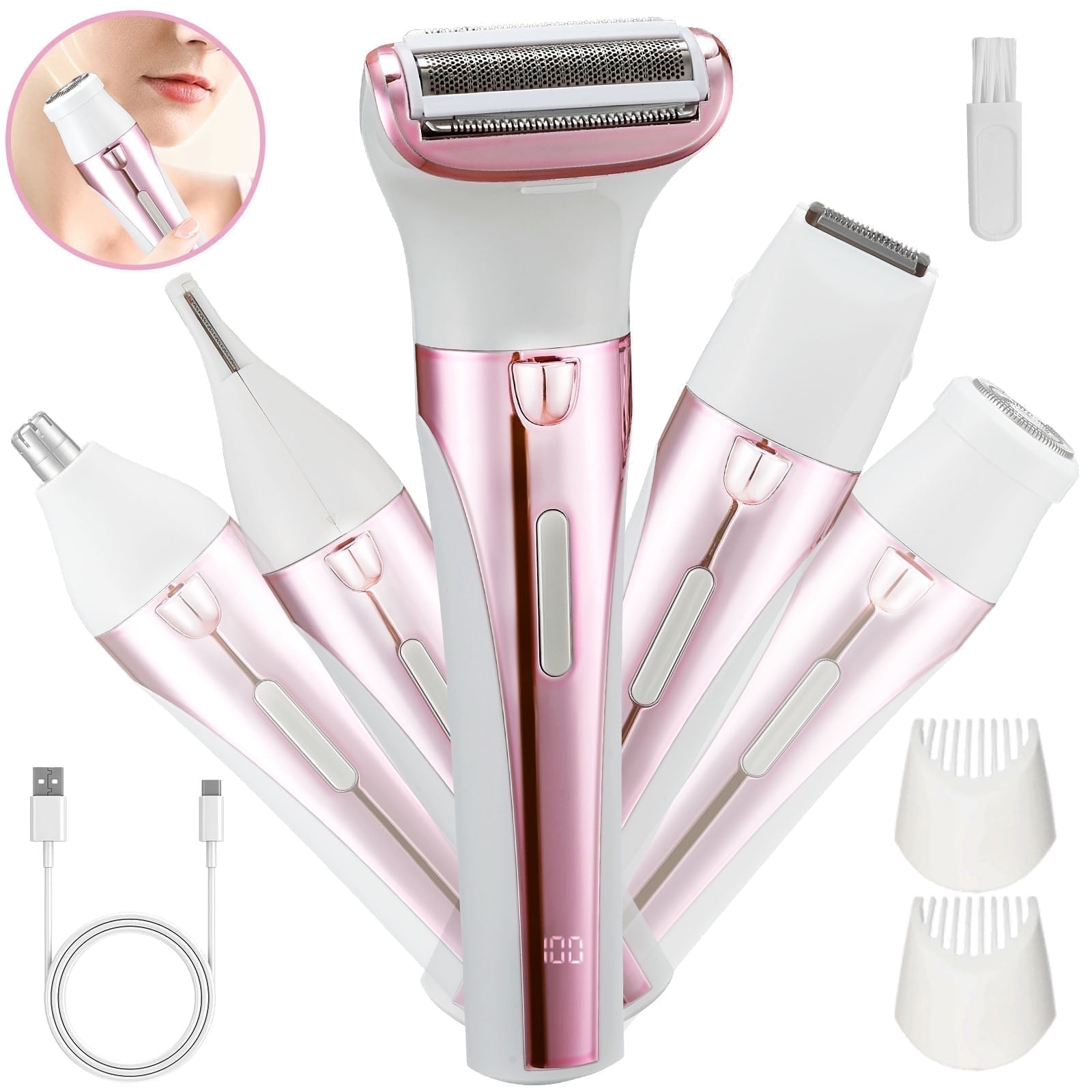 TURKIO 5-in-1 Rechargeable Cordless Electric Razor for Women with Face ...