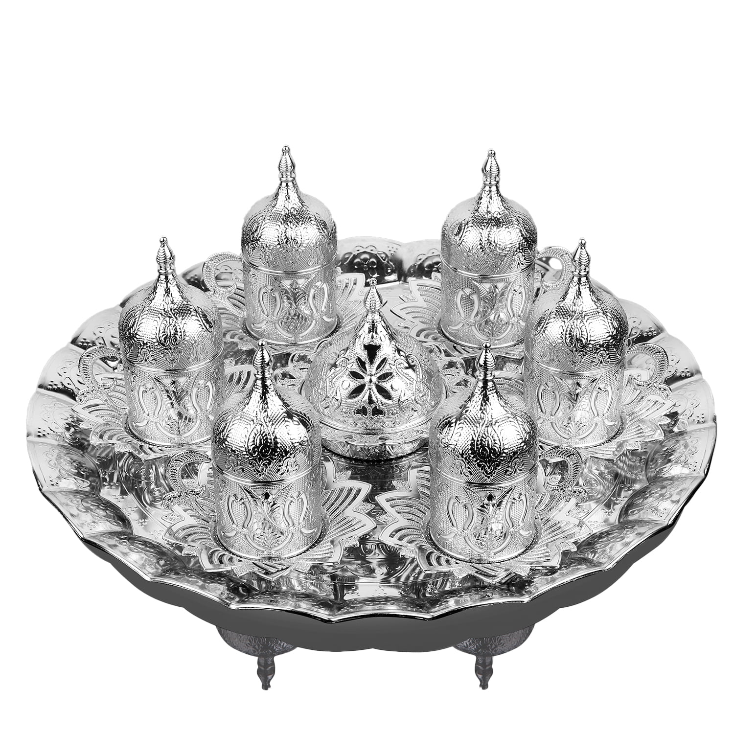 Turkish Coffee Cup Set of 6 with Metal Saucers, Cup Holders, Lids, Tray ...