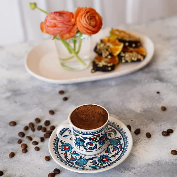 Turkish Coffee Cup Set of 6 with Saucers & Holder – Ceramic, Dishwasher ...