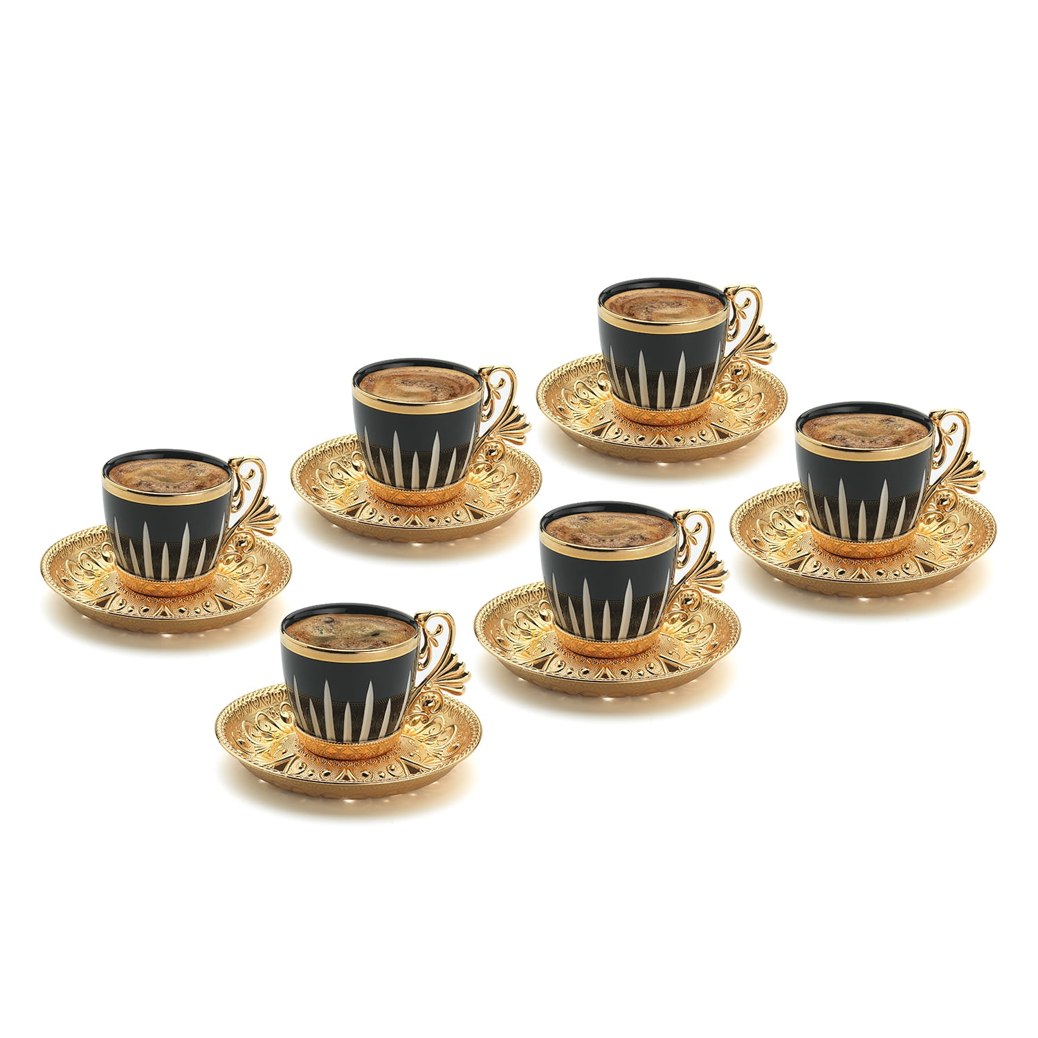 Turkish Coffee Cups Set with Saucers and Cup Holders, Set of 6 Arabic ...