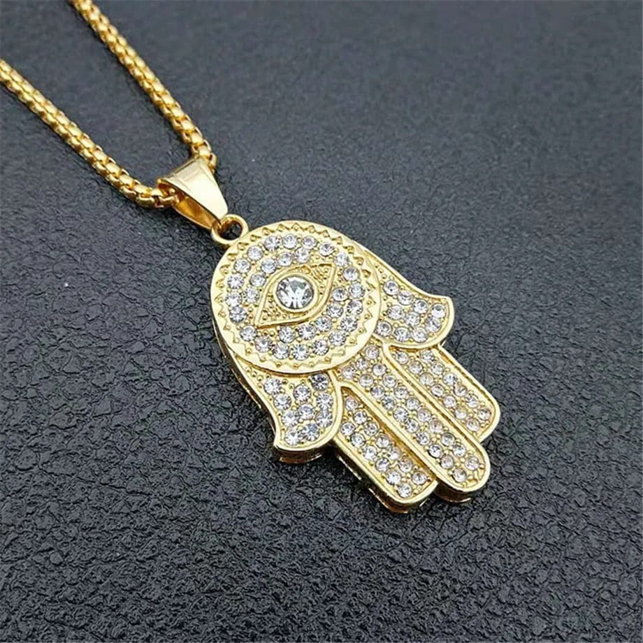 Turkish Evil Eye Hamsa Hand of Fatima Pendant Necklace 14K Yellow Gold ...