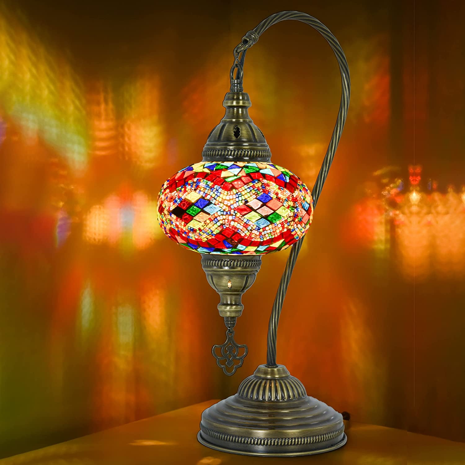 Turkish Mosaic Gooseneck Bedside Table Lamp, Handmade Boho Colorful ...