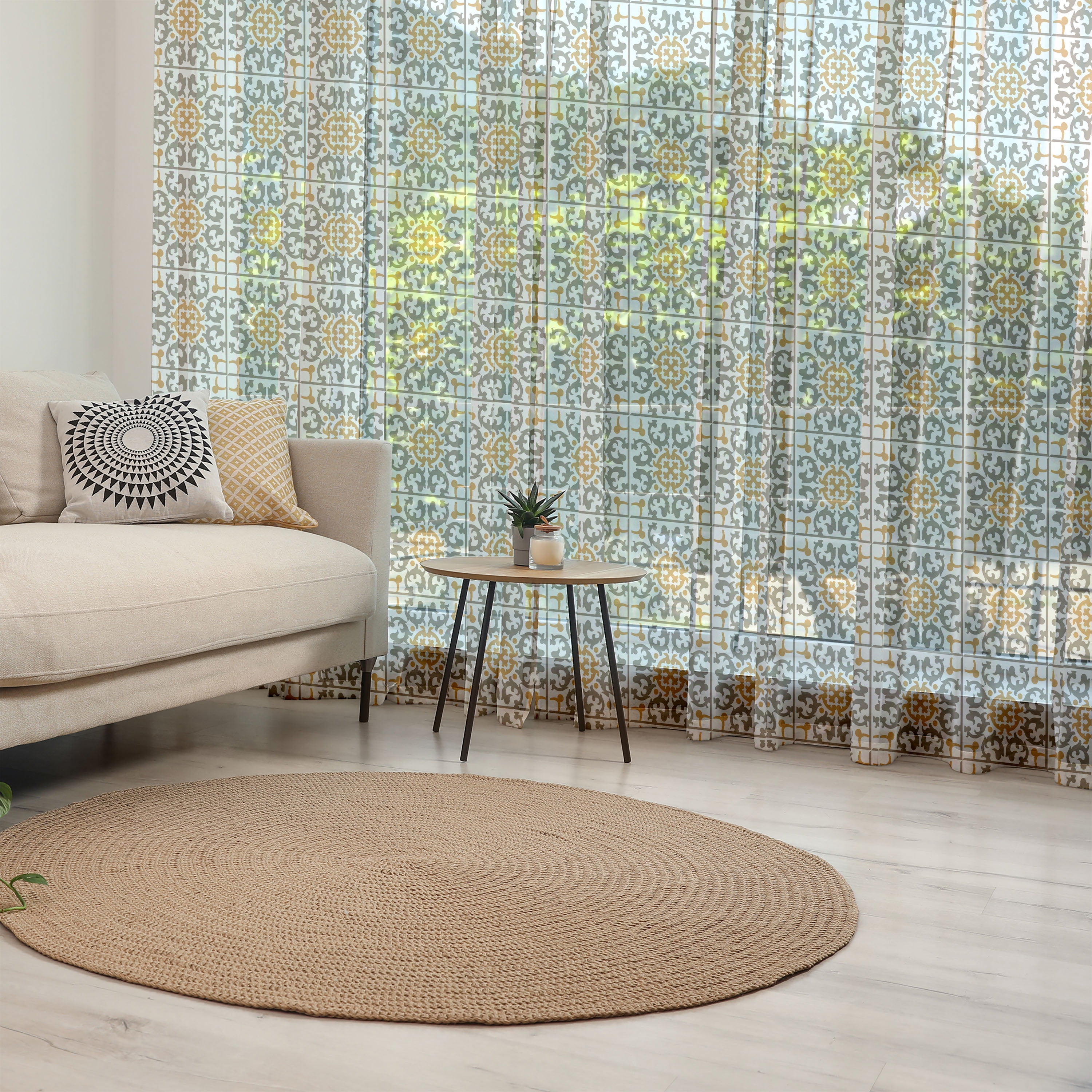 Turkish Pattern Tulle Curtains with Rod Pocket, Tiles of Pastel Colored ...