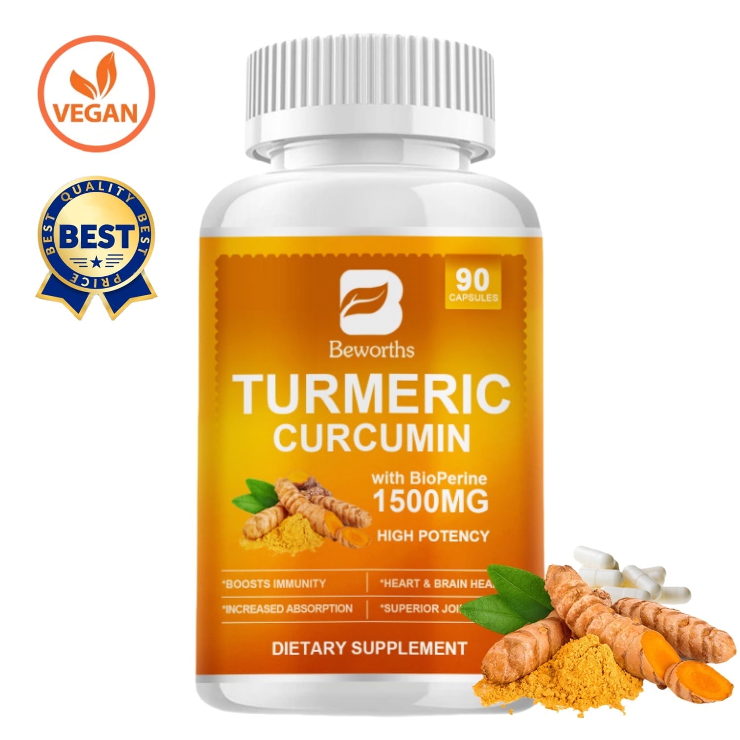 Beworths Turmeric Curcumin Capsules, 1500mg with Black Pepper and ...