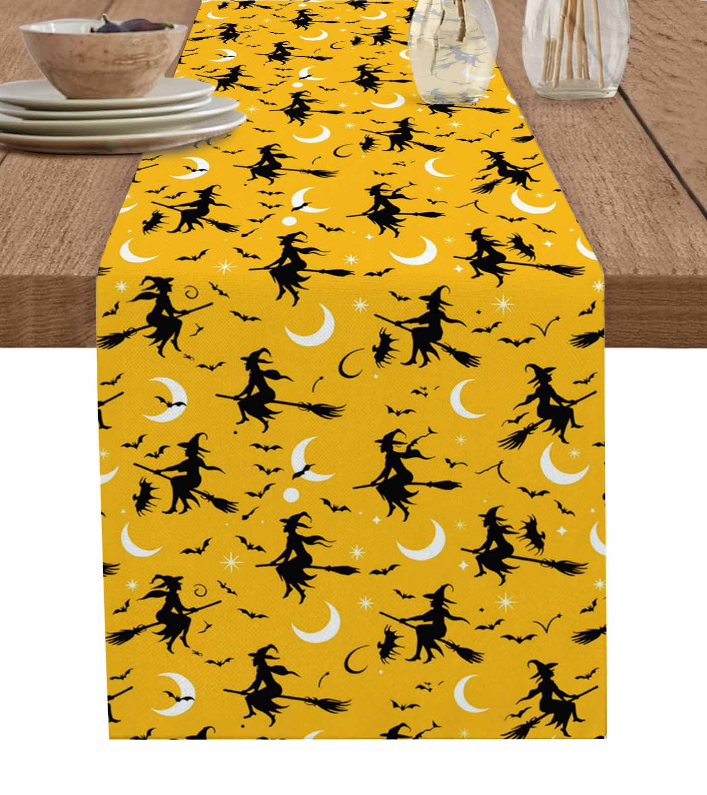 Turmeric Halloween Table Runner 108 Inches, Flying Witch Bats Moon Bed ...