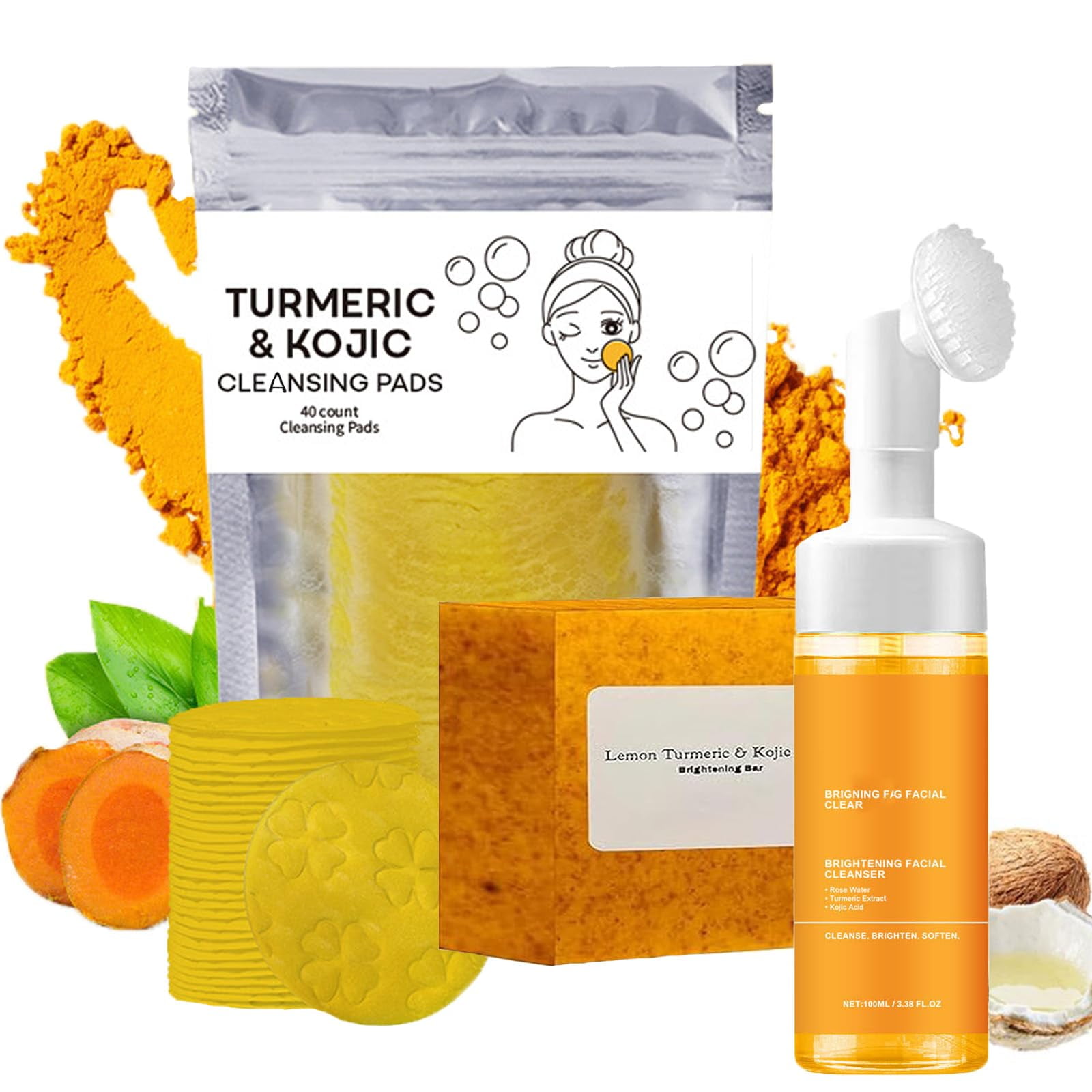 Turmeric Wash And Care 3 Piece Set, Turmeric Face Wash With Brush ...