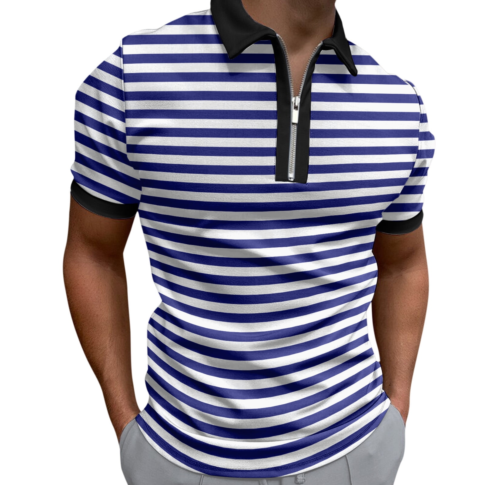 Turn Down Collar Moisture Wicking Everyday Striped Splice Print ...