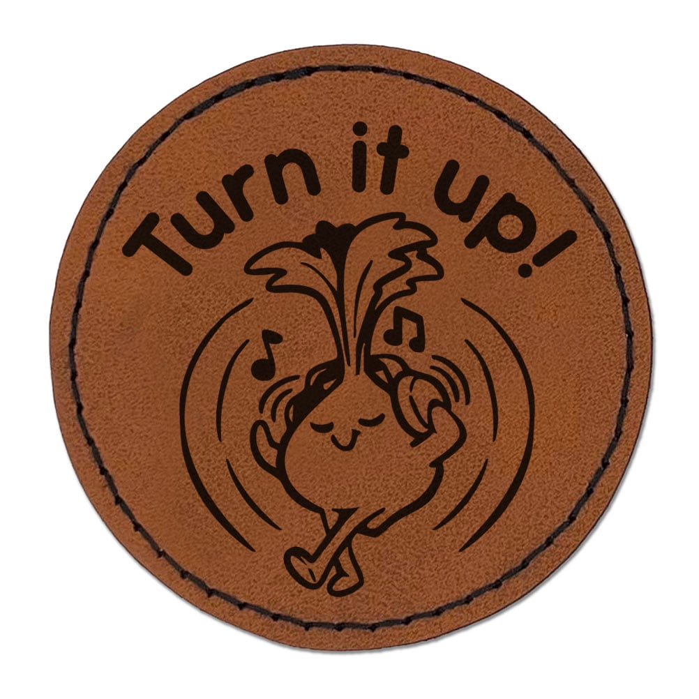 Turn It Up Turnip Jamming Music Headphones Round Iron-On Engraved Faux ...