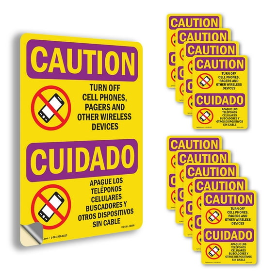 Turn Off Cell Phones Bilingual OSHA Caution Radiation Vinyl Decal Label ...