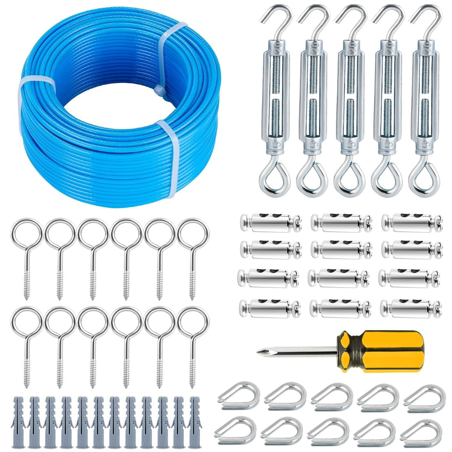 Turnbuckles for Cables Wire, 1/8" X 100Ft Blue PVC Coated Wire Rope Kit, Multi-use Steel Cable ...