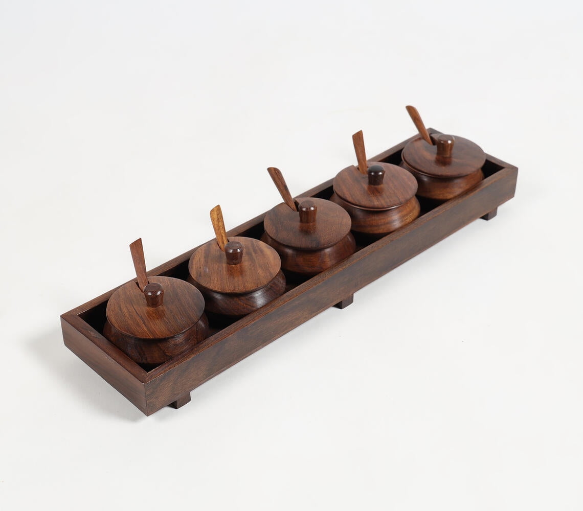 Turned Rosewood Set of 5 Condiment Pots & Spoons with Tray - Walmart.com