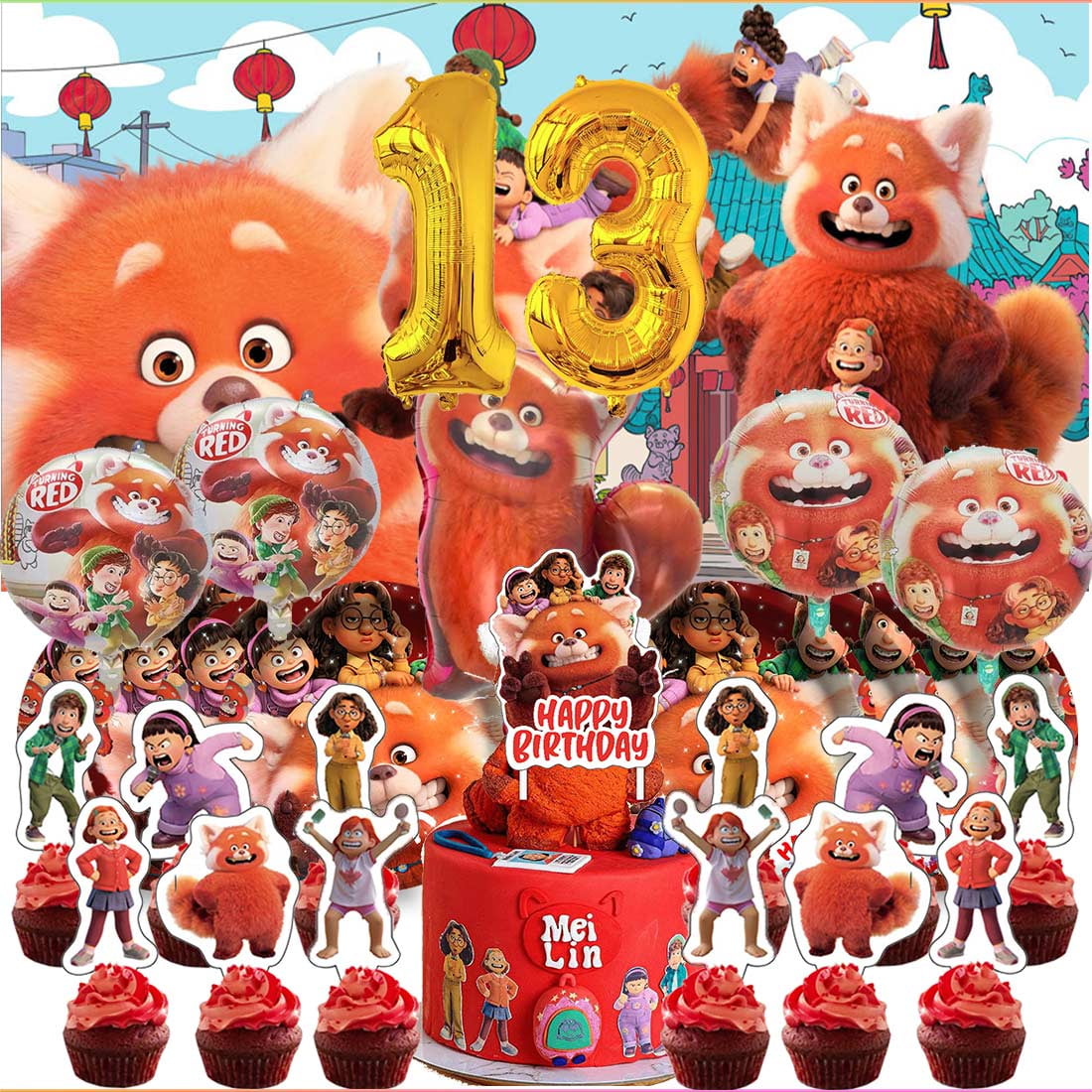 Turning Red 13th Tableware Balloons Cake Toppers Backdrop Banner ...