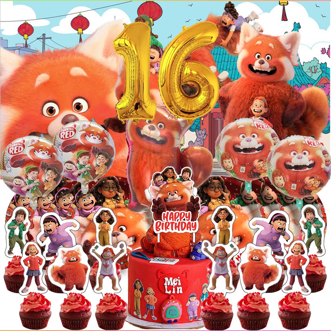 Turning Red 16th Tableware Balloons Cake Toppers Backdrop Banner ...