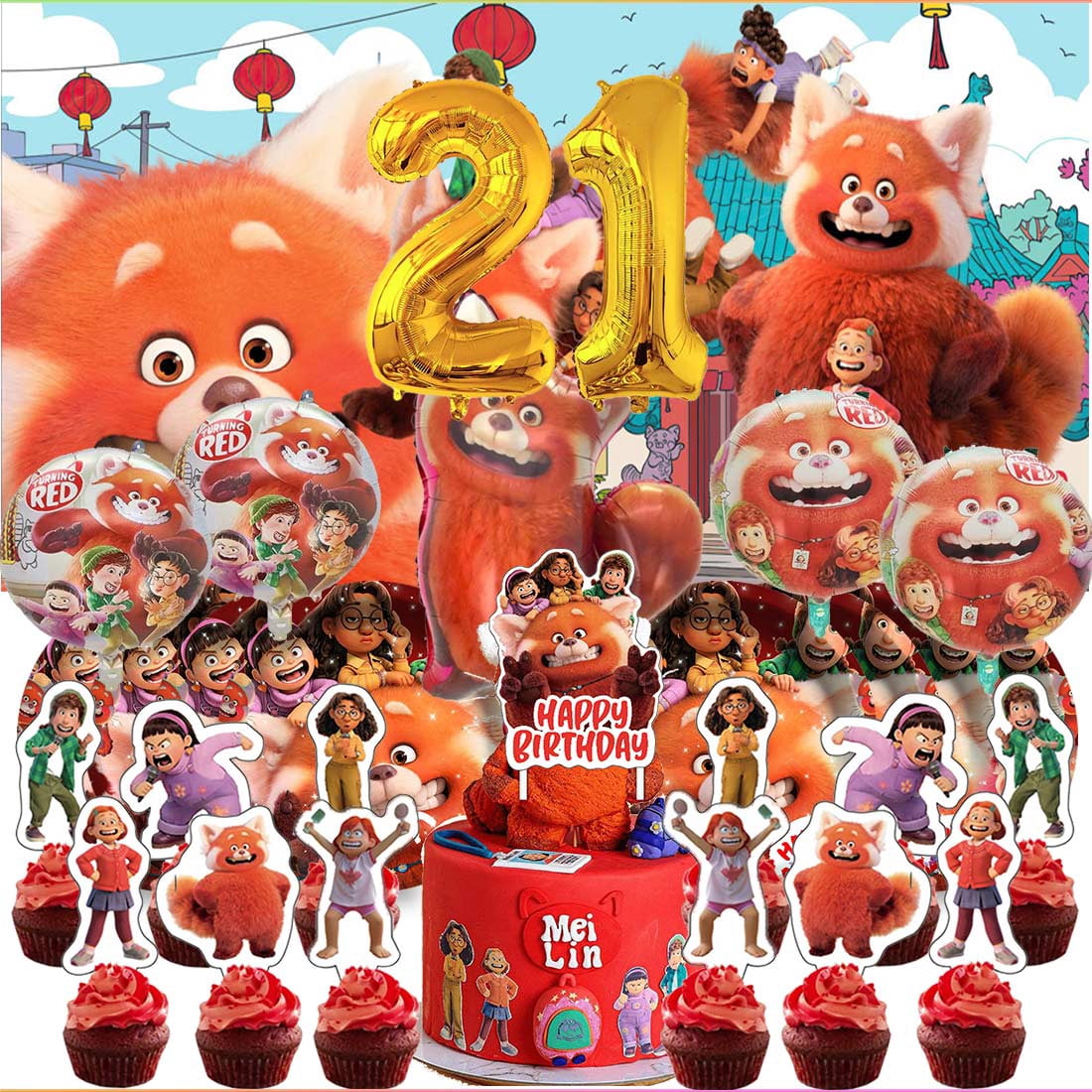 Turning Red 21th Tableware Balloons Cake Toppers Backdrop Banner ...