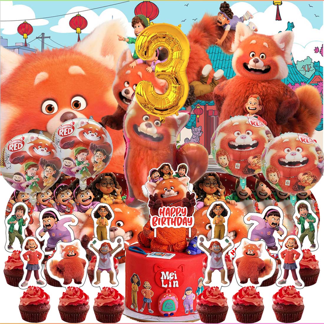 Turning Red 3rd Tableware Balloons Cake Toppers Backdrop Banner ...