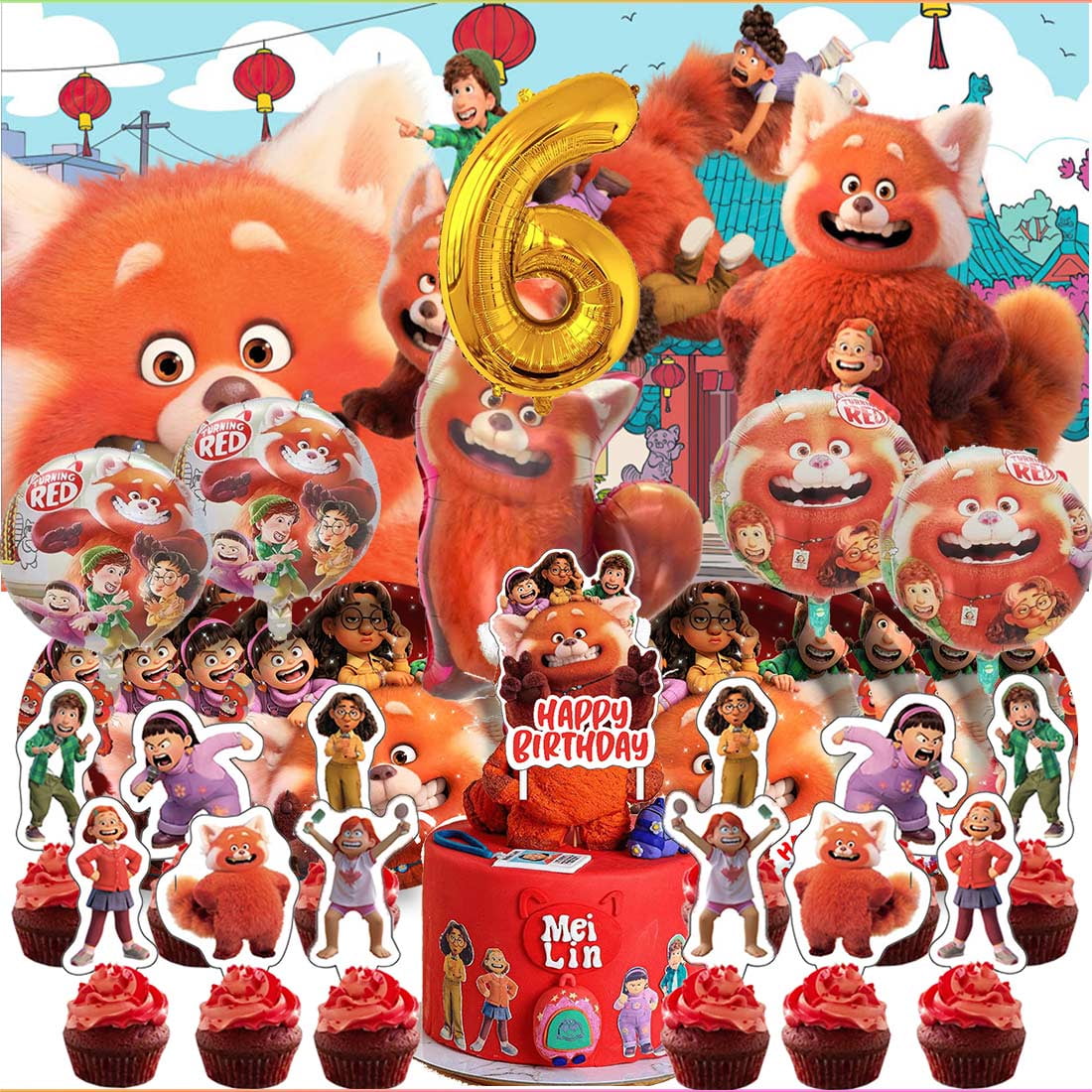 Turning Red 6th Tableware Balloons Cake Toppers Backdrop Banner ...