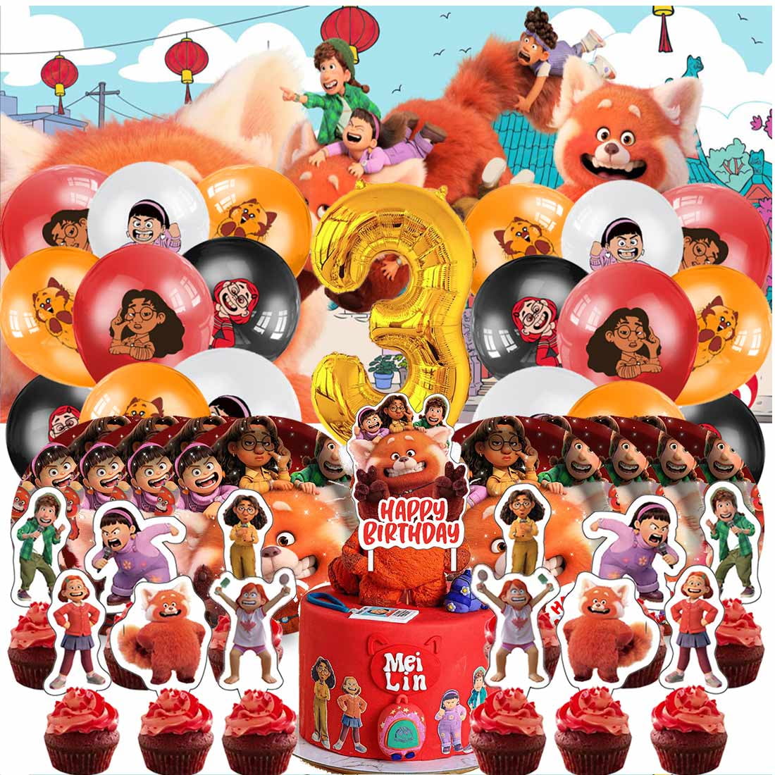 Turning Red Balloons Party Supplies 3rd Decor Tableware Birthday Cake ...