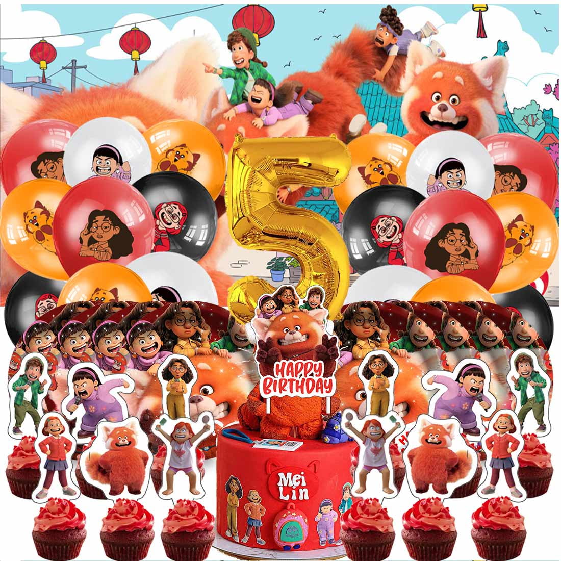 Turning Red Balloons Party Supplies 5th Decor Tableware Birthday Cake ...