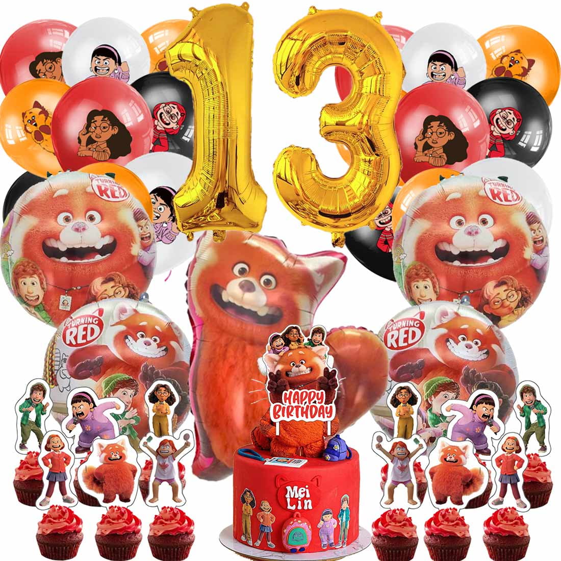 Turning Red Party Supplies 13th Decor Kit Balloons Birthday Cake Topper ...