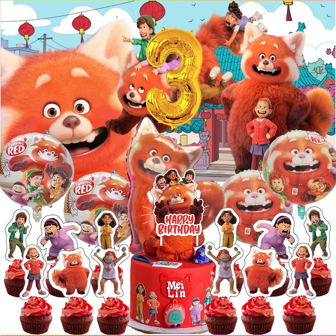 Turning Red Party Supplies Decor 3rd Kit Balloons Birthday Cake Topper ...
