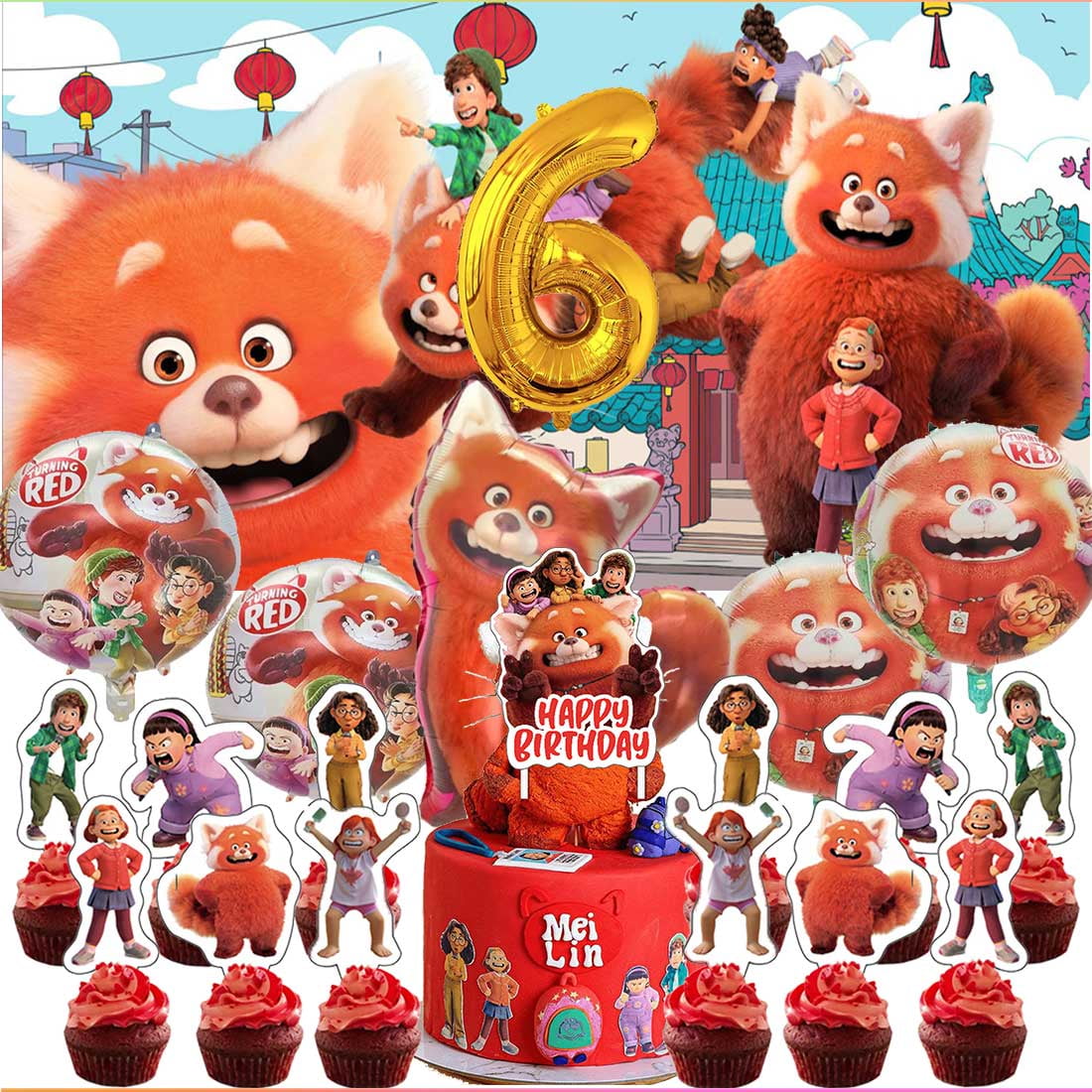 Turning Red Party Supplies Decor 6th Kit Balloons Birthday Cake Topper ...