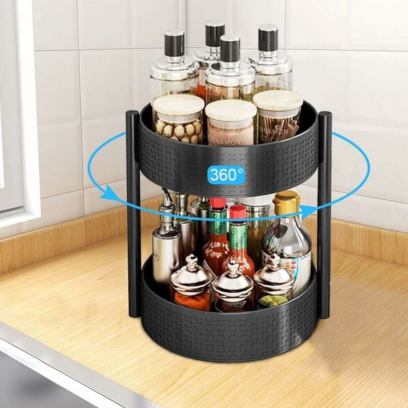 Turntable Spice Rack, Black Turntable - Large Lazy Susan With 2 Tiers ...
