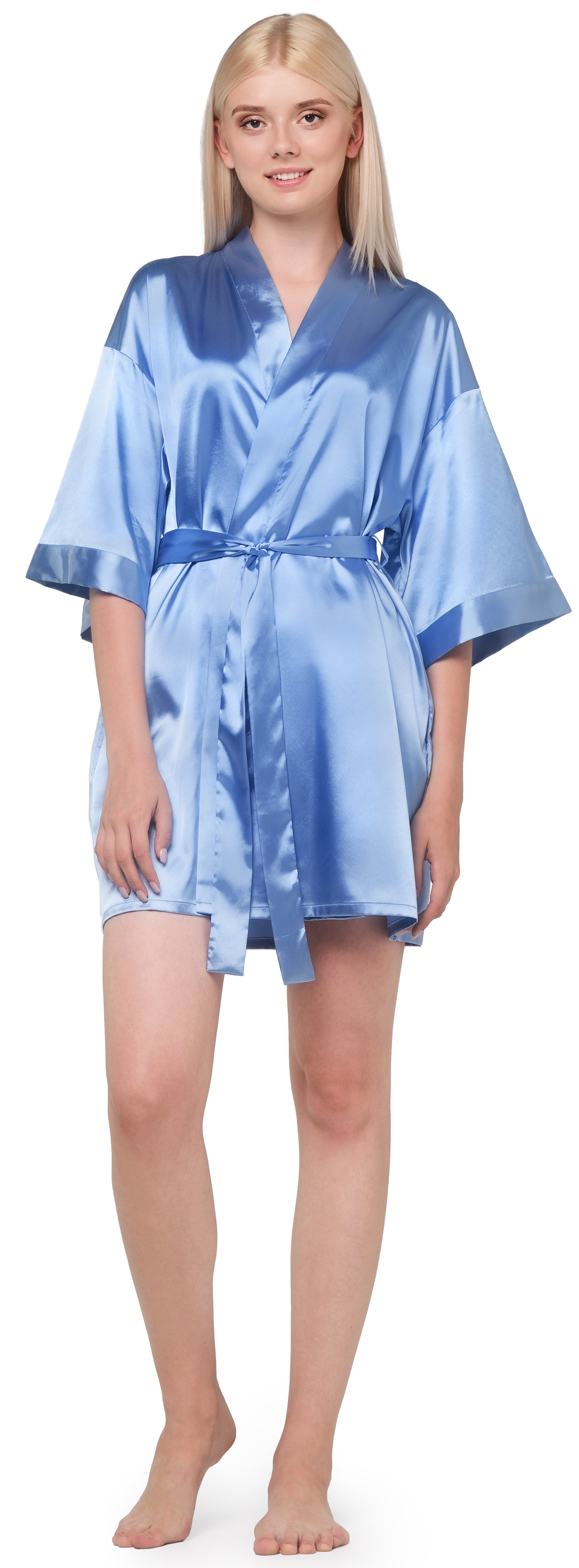 Turquaz Linen Airy Blue Satin Kimono Short Robe - Walmart.com