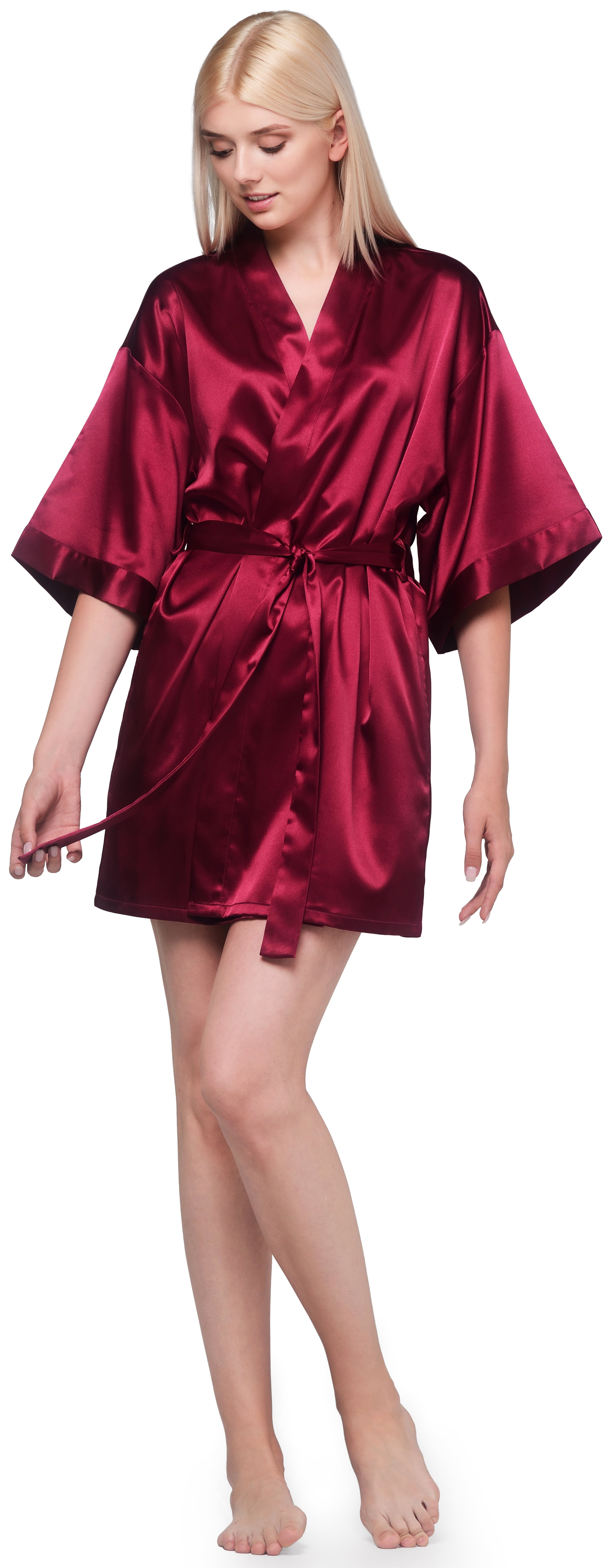 Turquaz Linen Wine Red Satin Kimono Short Robe - Walmart.com