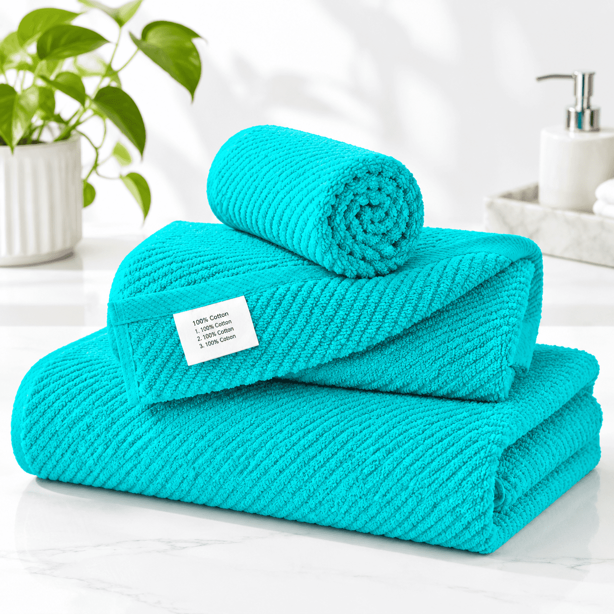 Turquoise 3 PC Bathroom Towel Set, Fast Drying Thick Cotton Towels for ...
